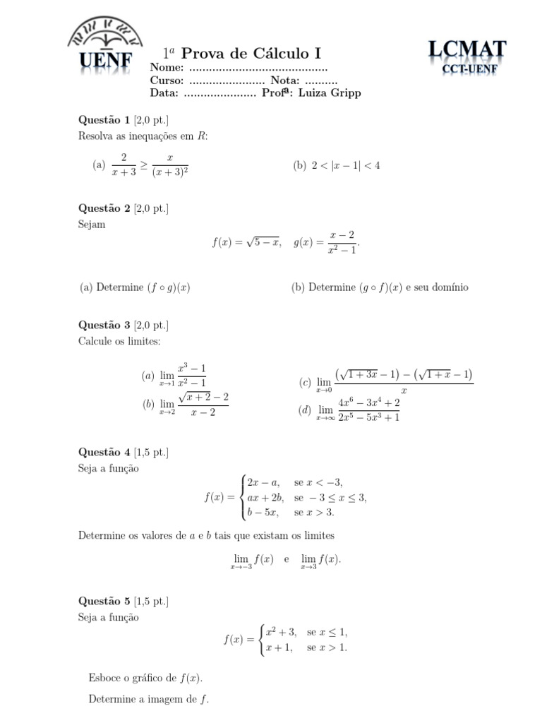 Prova1 CalculoI 2025.2 | PDF