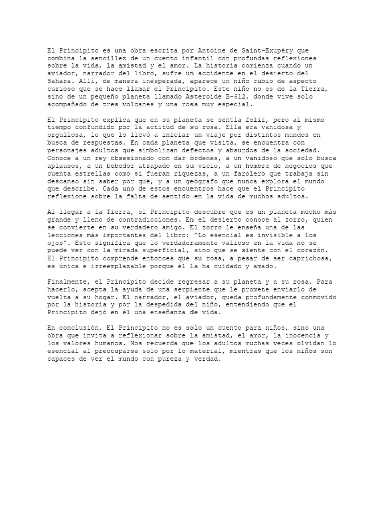 Obra El Principito Resumen Completo | PDF | El Principito