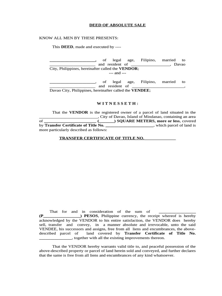 Deed of Absolute Sale Template | PDF | Legal Documents | Natural ...