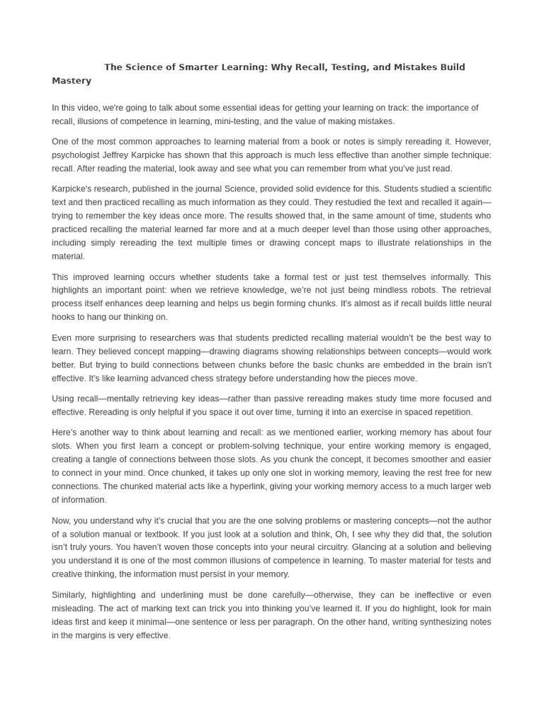 Unlock The Secret To Smart Learning | PDF | Recall (Memory) | Learning