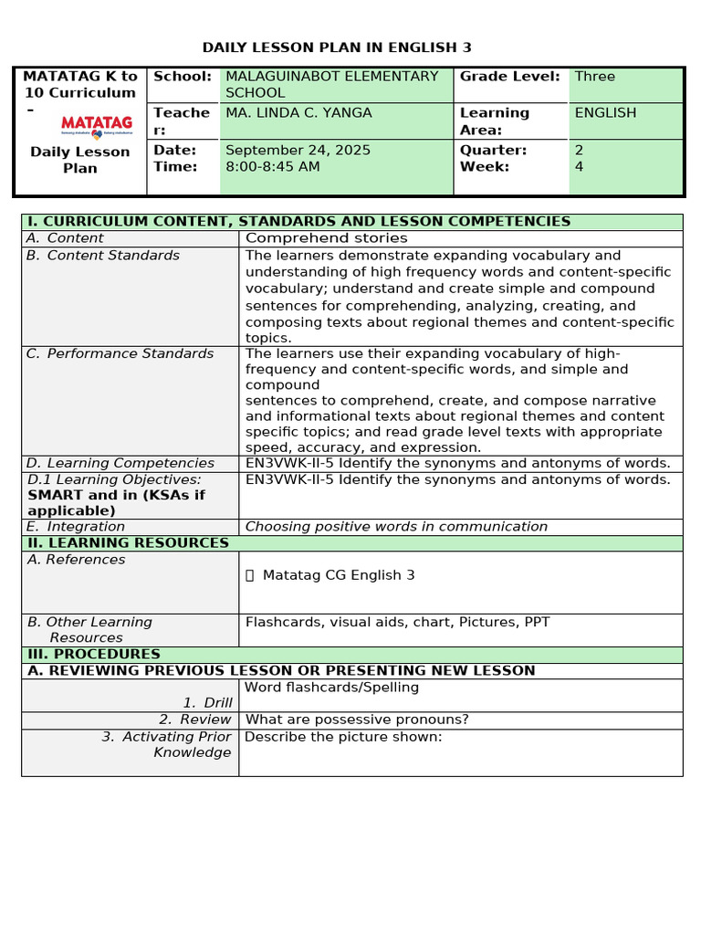 Antonyms and Synonyms Lesson Plan | PDF | English Language | Vocabulary