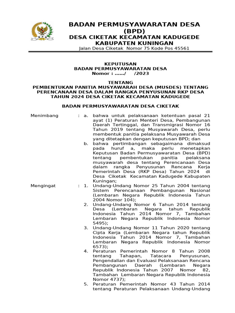 Pembentukan Panitia Musdes RKP 2024 | PDF