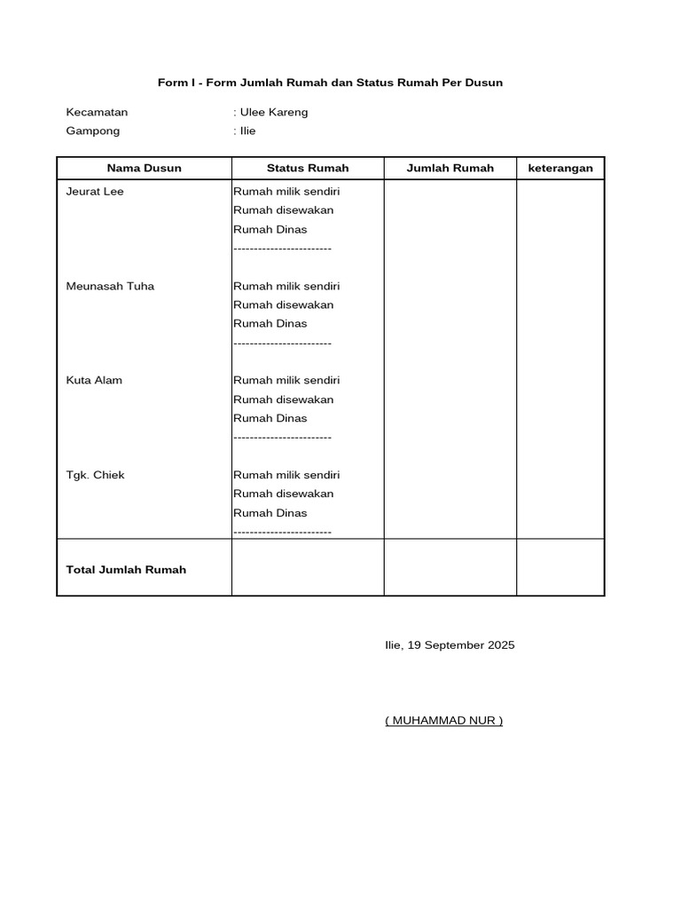 Form Pendataan Perumahan Di Gampong - 2025 | PDF