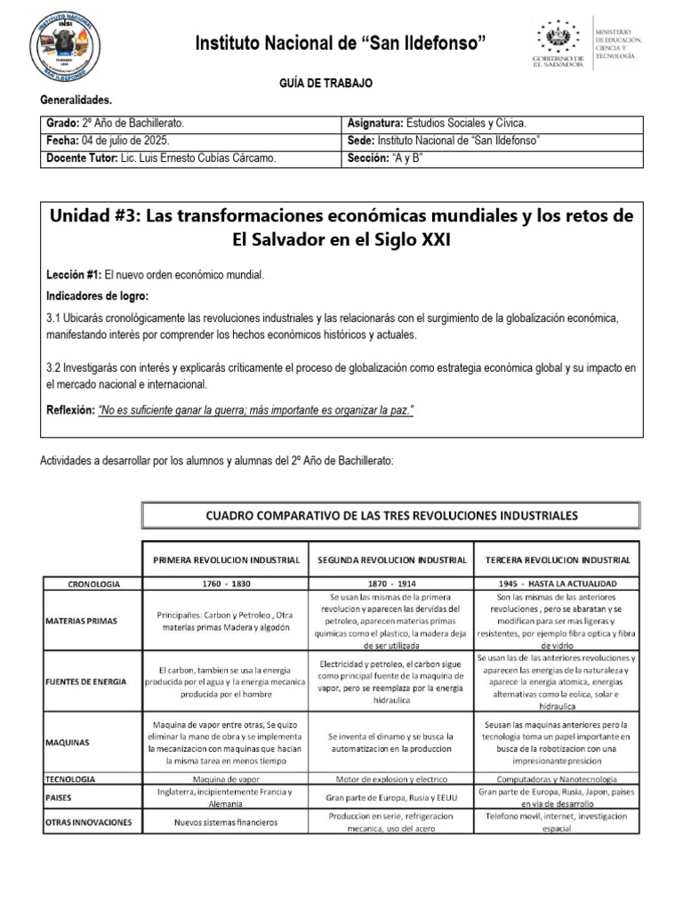 Guía de Trabajo de Sociales Lec. #1 - U3 | PDF