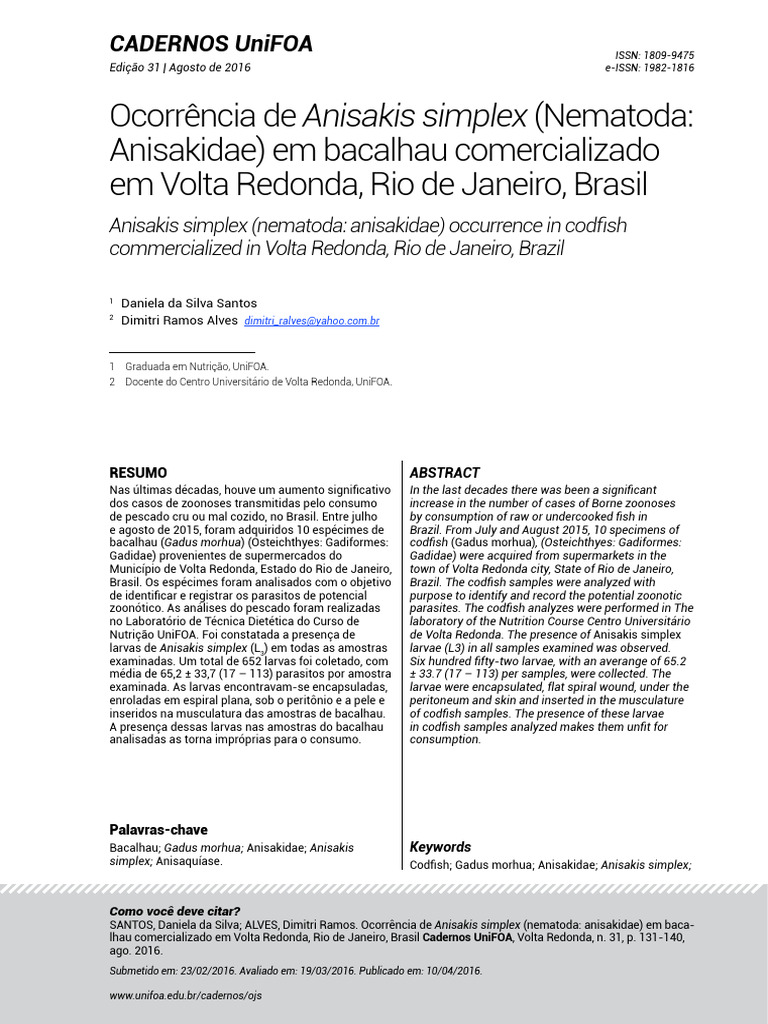 Anisakis simplex em Bacalhau no RJ | PDF