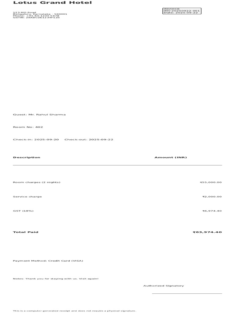 Invoice for Stay at Lotus Grand Hotel | PDF