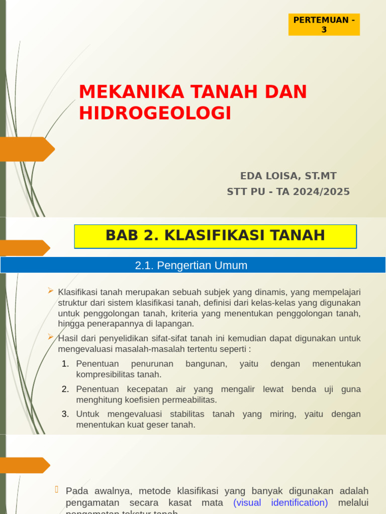 Pert 3. Mektan-Hidrogeologi (Bab2. Klasifikasi Tanah) | PDF