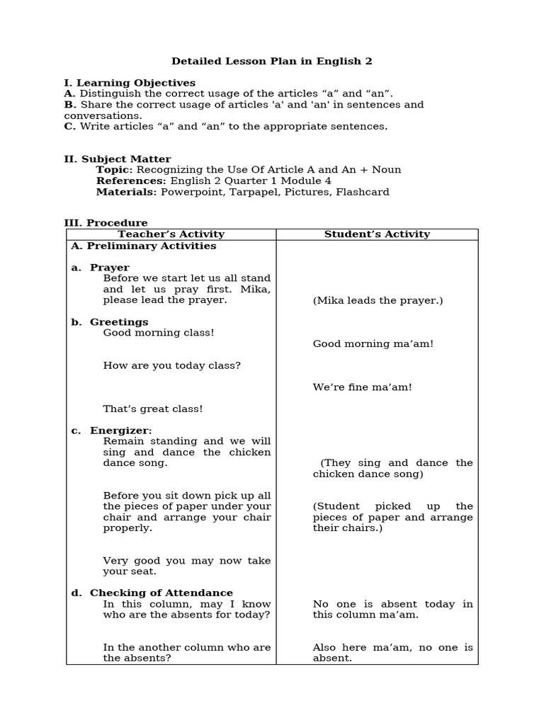 A DLP Article A and An Plus Noun Grade 1 English DLP | PDF | Consonant ...