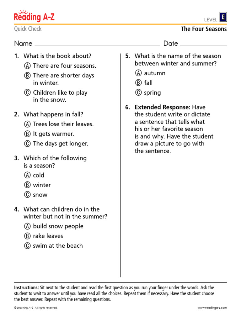 Four Seasons Quick Check Guide | PDF | Reading Comprehension