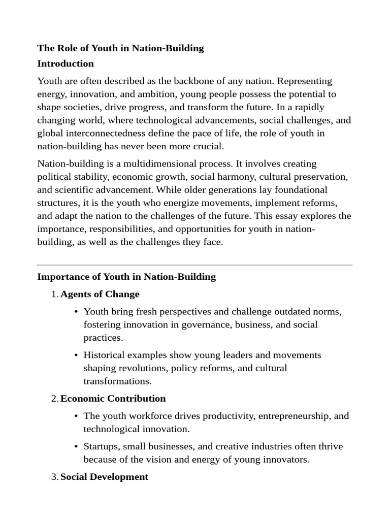 Youth's Impact on Nation-Building | PDF | Innovation | Governance