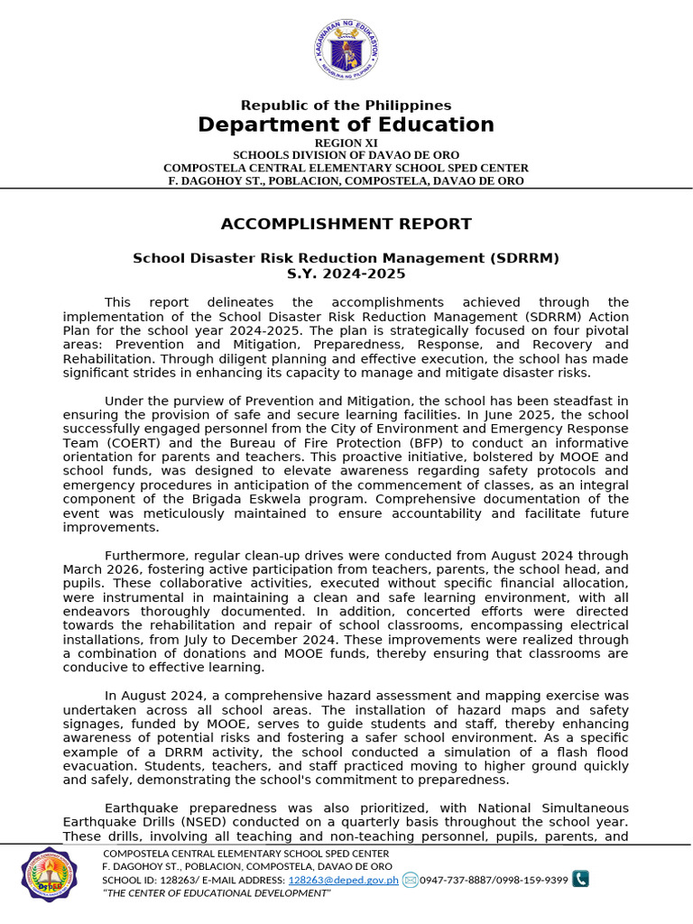 Accomplishment Report-Drrm | PDF | Emergency Management | Disaster Risk Reduction