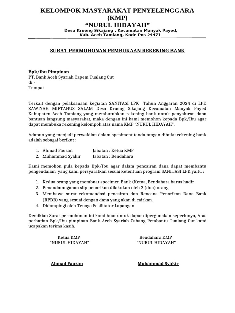 Surat Permohonan Pembukaan Rekening Bank Kmp Karya Muda Baru | PDF