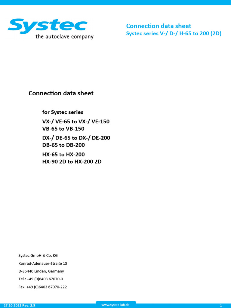 Connection Data Sheet Systec Autoklaven v-D-HX-65-200 (2D) Rev. 2.3 en ...