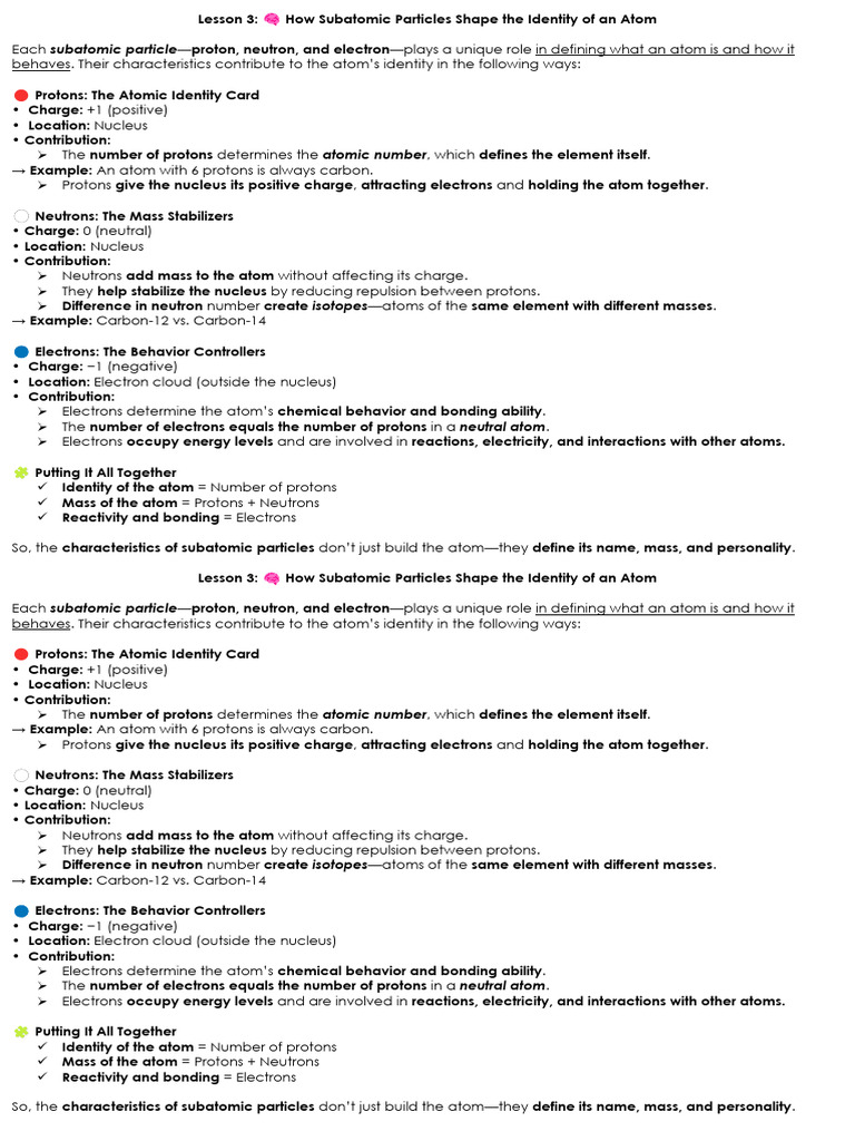 Lesson 3 How Subatomic Particles Shape The Identity of An Atom | PDF ...