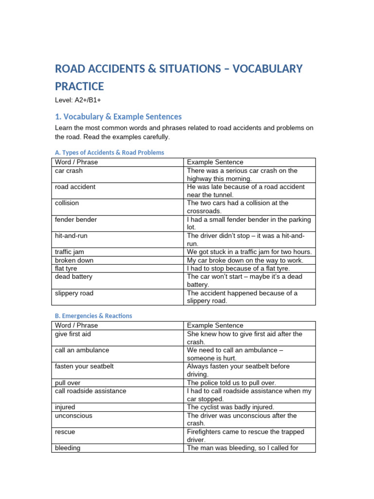 Road Accidents Vocabulary Workbook | PDF | Traffic Collision | Transport