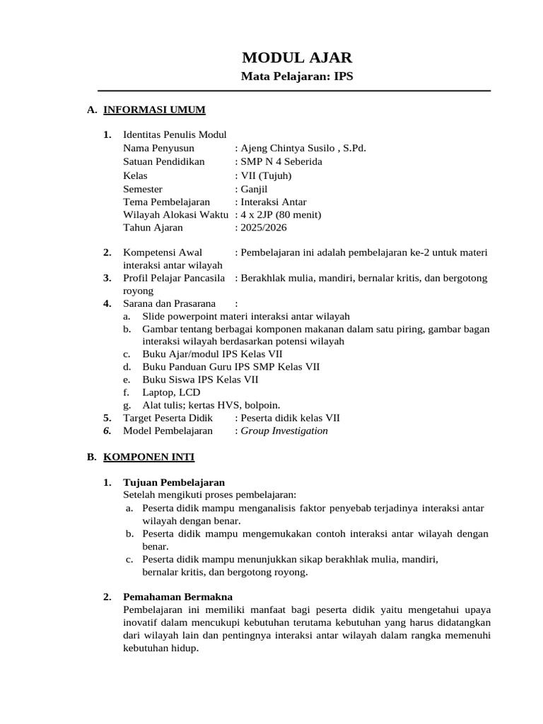 MODUL AJAR Interaksi Antar Wilayah IPS KLS 7 | PDF