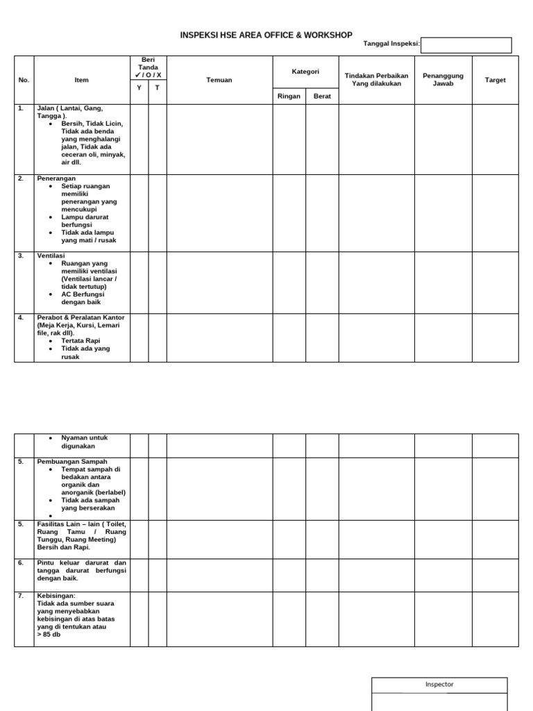 Form Inspeksi Hse Area Office - Workshop | PDF