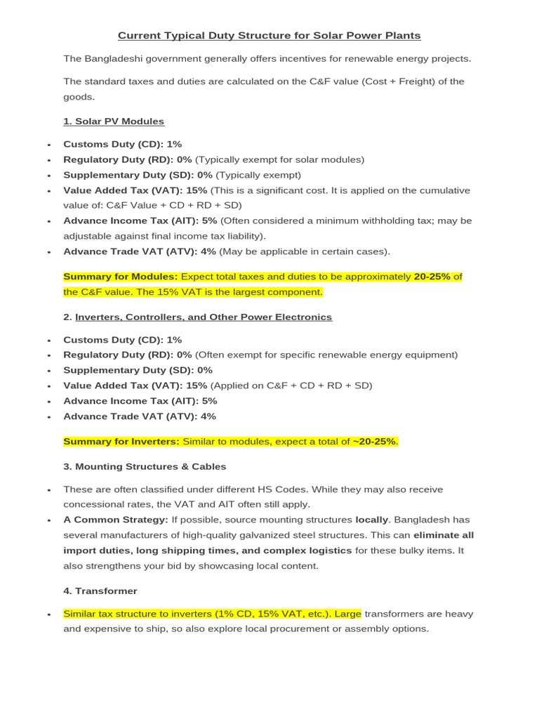 Current Typical Duty Structure For Solar Power Plants in BD | PDF