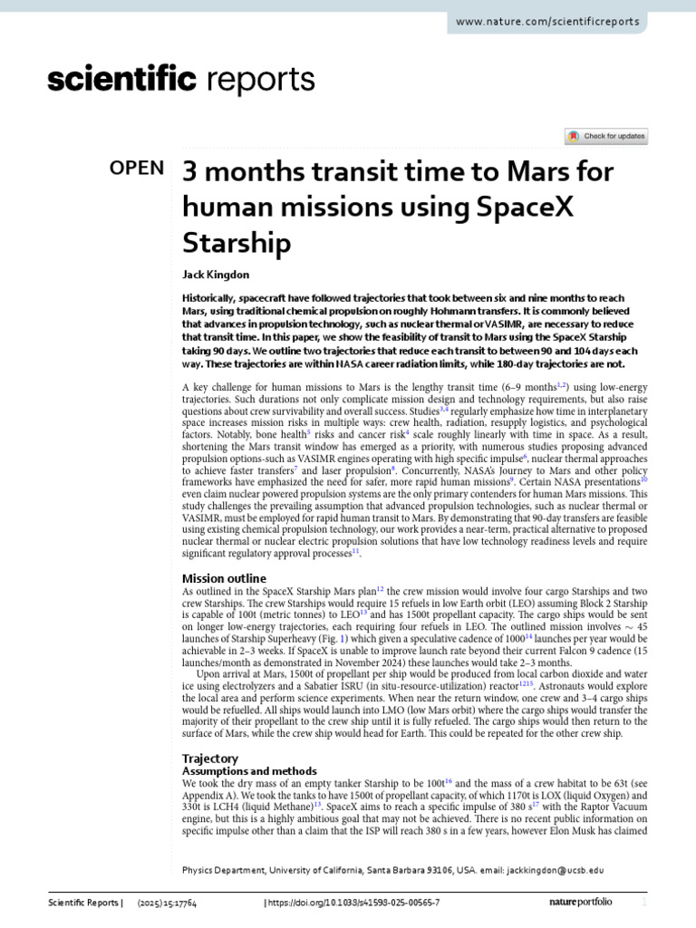3 Months Transit Time To Mars For Human Missions Using SpaceX Starship ...