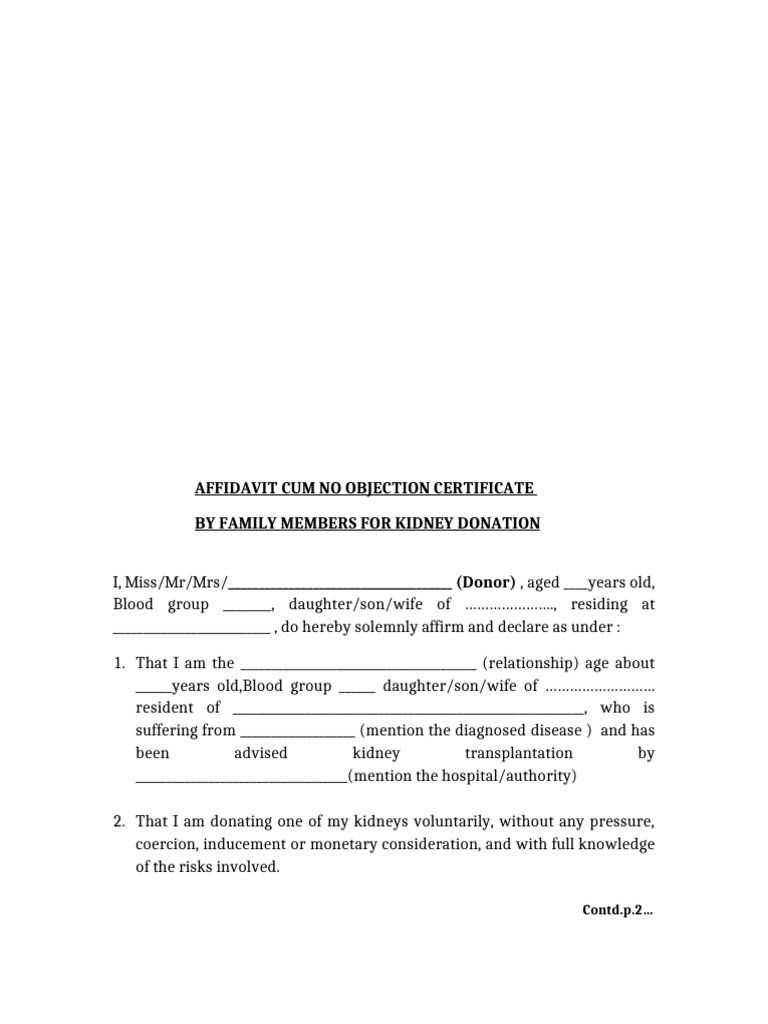 NOC Affidavit Kidney Donation | PDF | Affidavit | Kidney Transplantation