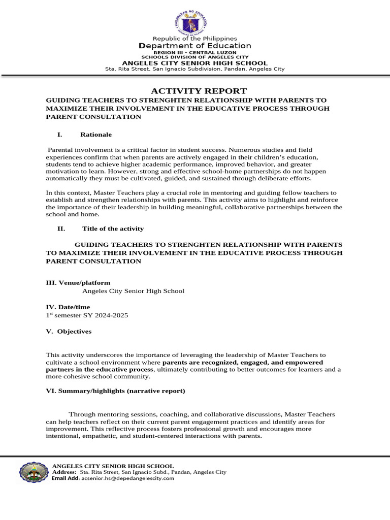 Activity Report Parent Involvement | PDF | Mentorship | Teachers