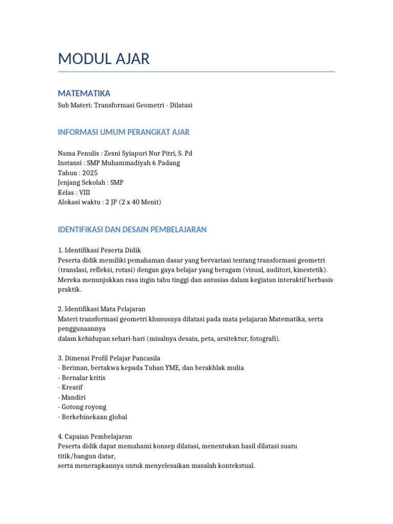 MODUL AJAR Transformasi Geometri Dilatasi FULL | PDF