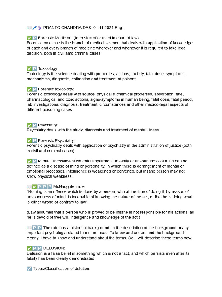 Forensic Medicine and Psychiatry Overview | PDF | Hallucination | Delusion