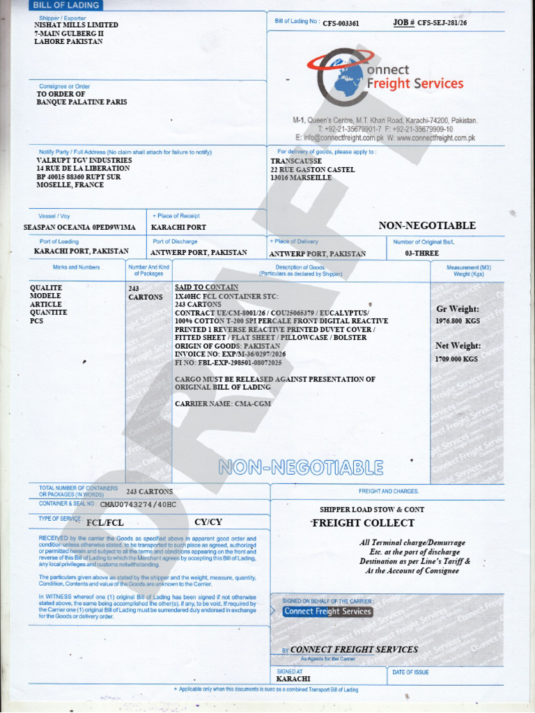 NISHAT MILLS Export Invoice Details | PDF | Cargo | Supply Chain Management