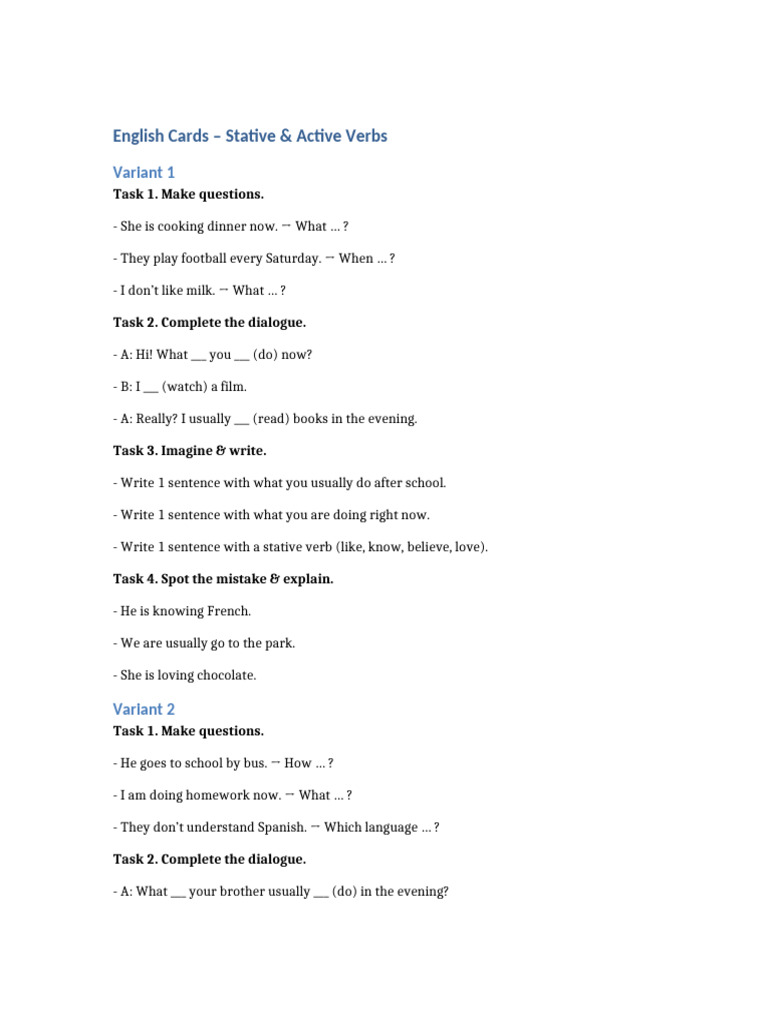 English Cards Stative Active Verbs | PDF
