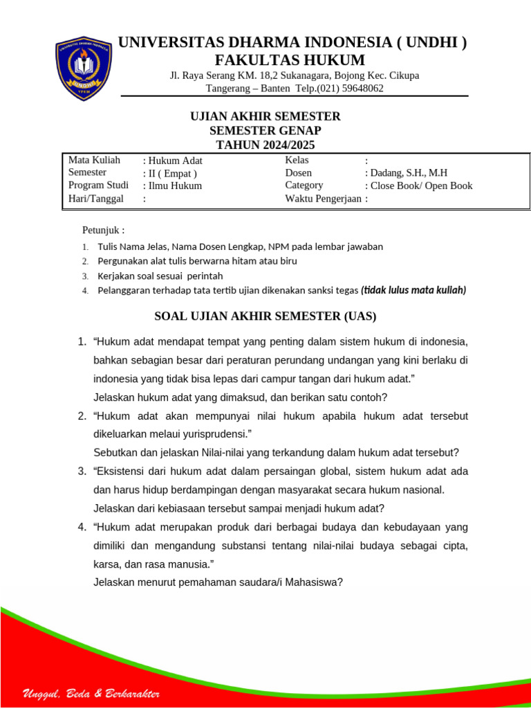 Soal UAS Hukum Adat | PDF