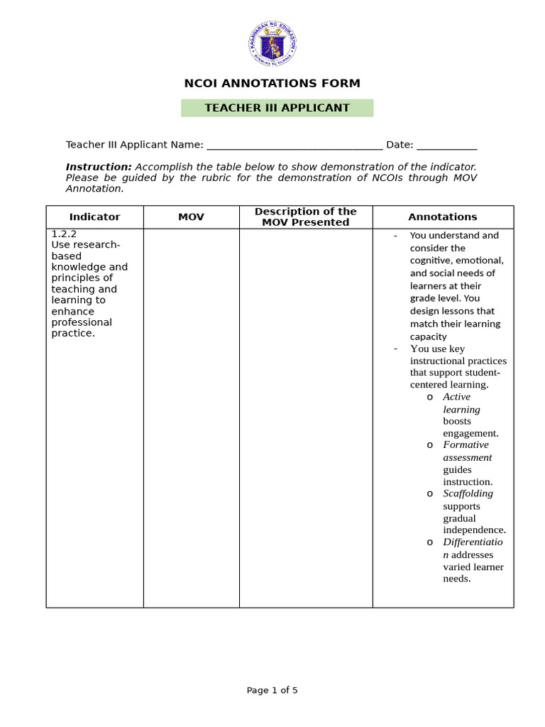 ANNEX N NCOI Annotations Form For Teacher III Applicant | PDF ...