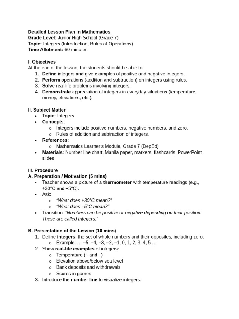 Detailed Lesson Plan in Mathematics | PDF | Lesson Plan | Integer