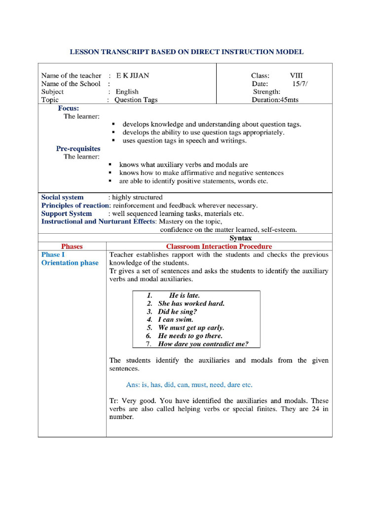 LT - Direct Instruction Model Discussion Lesson Plan | PDF
