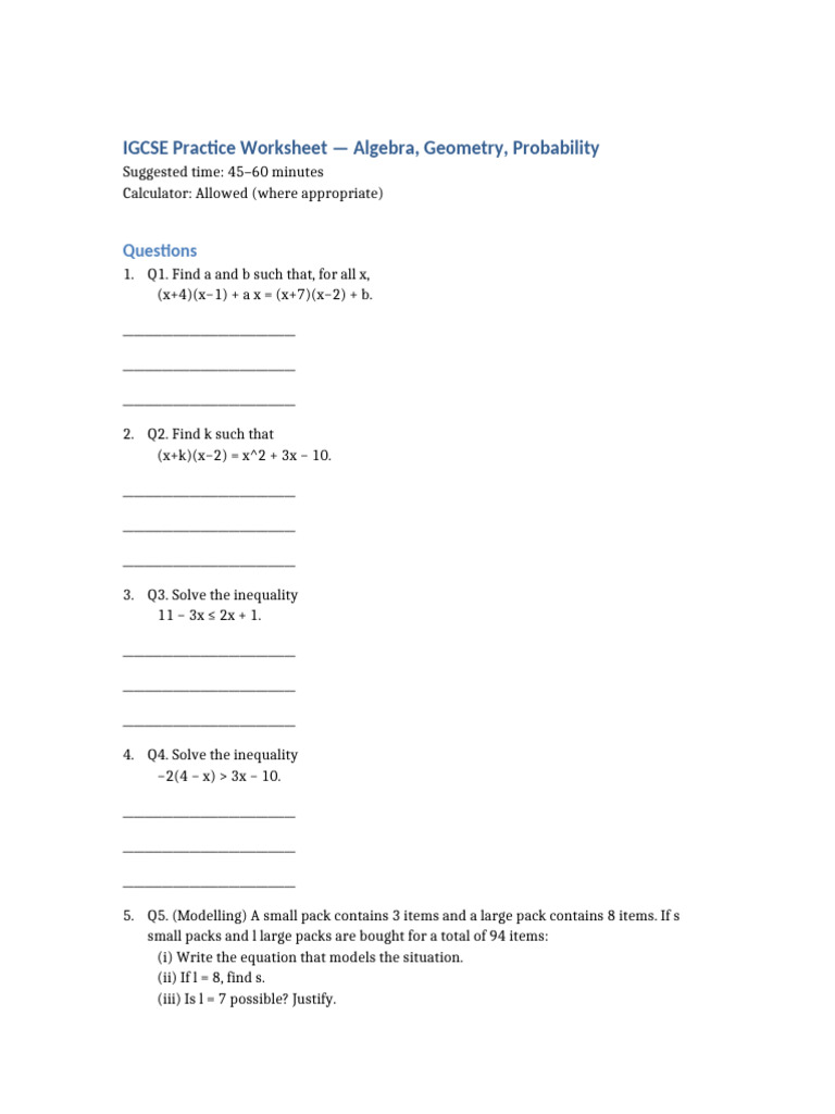 IGCSE Algebra, Geometry, Probability Worksheet | PDF | Area | Euclidean ...