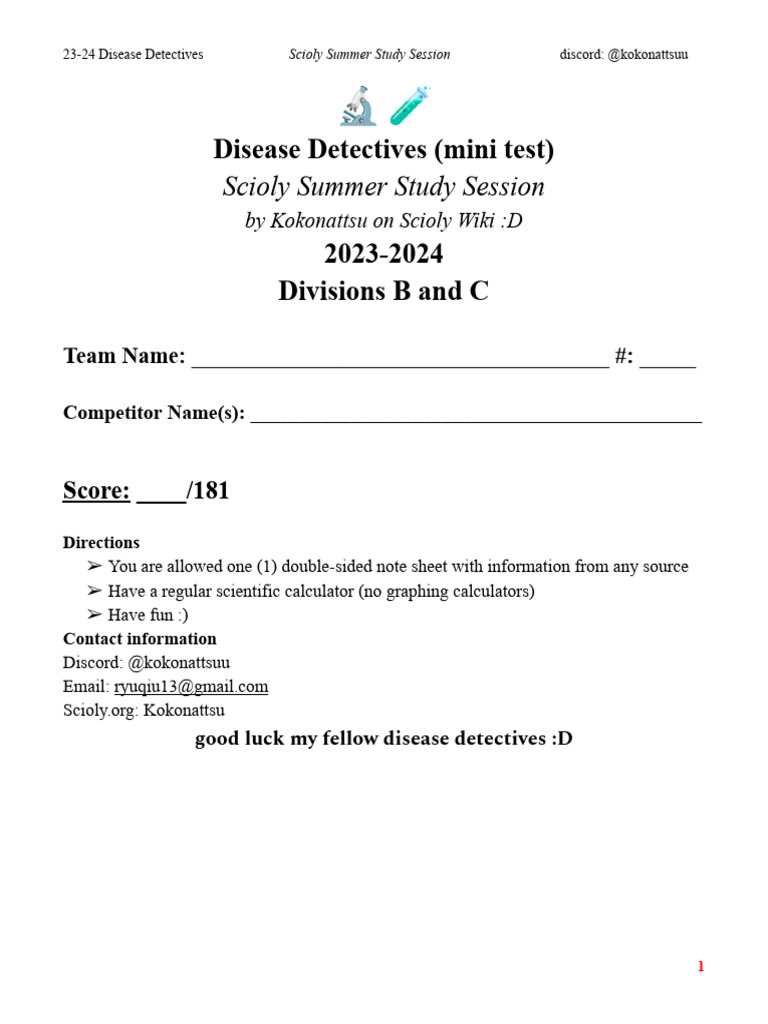 Disease Detectives Study Guide 2023-24 | PDF | Infection | Epidemiology