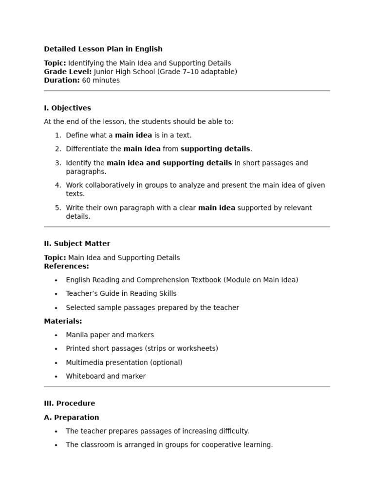 Main Idea and Details Lesson Plan | PDF | Teachers | Lesson Plan