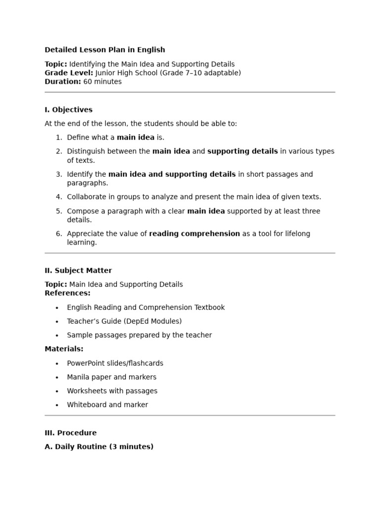 Identifying The Main Idea and Supporting Details 3 | PDF | Cognitive ...