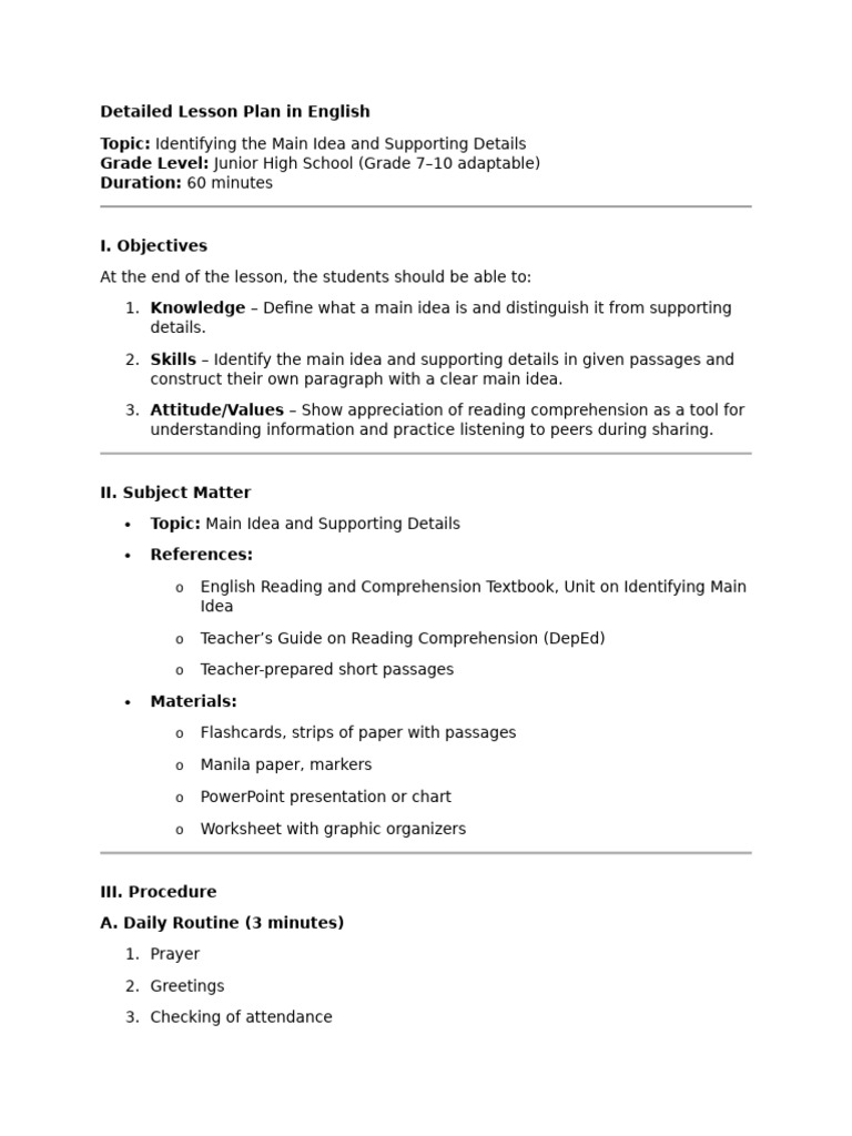 Main Idea and Supporting Details Lesson | PDF | Reading Comprehension ...
