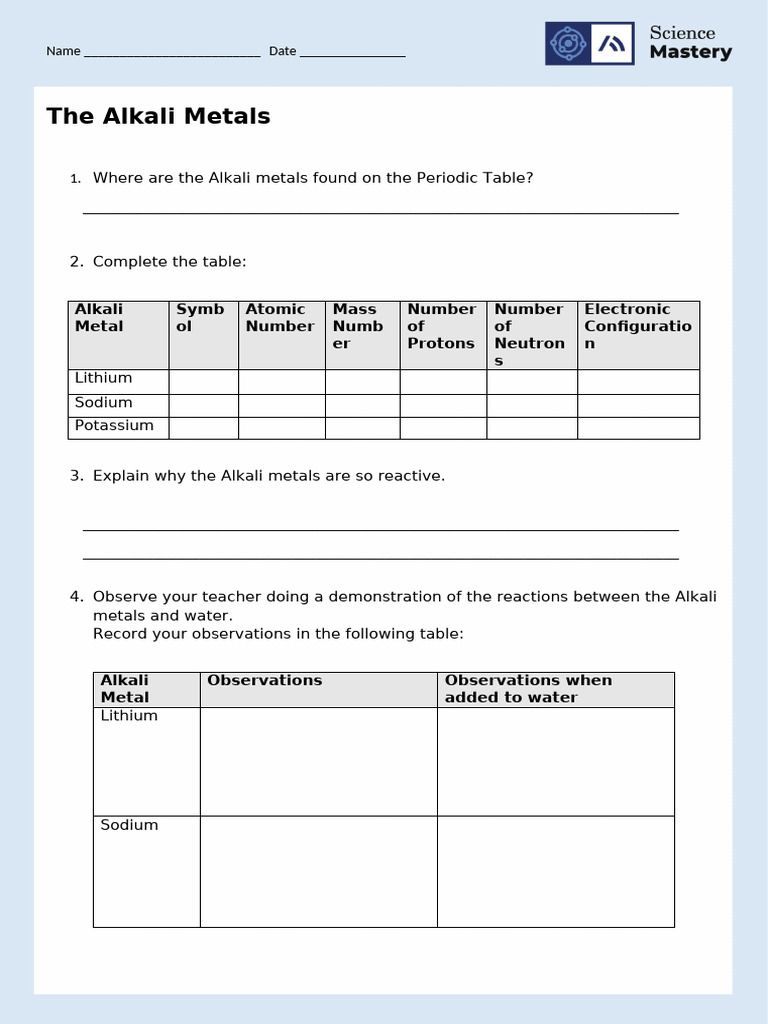 03 - C3.1.8 The Alkali Metals Worksheet | PDF | Lithium | Chemistry