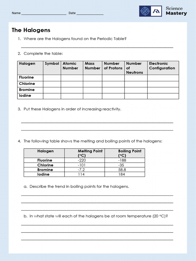03 - C3.1.9 The Halogens Worksheet | PDF