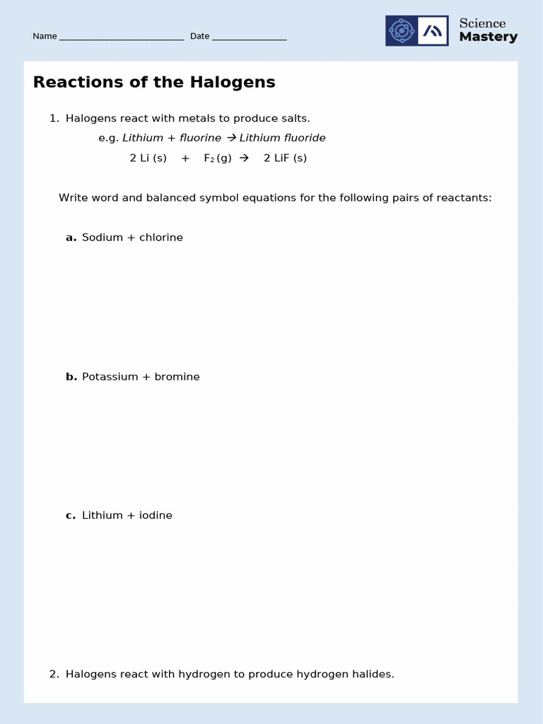 Halogen Reactions and Displacement Equations | PDF