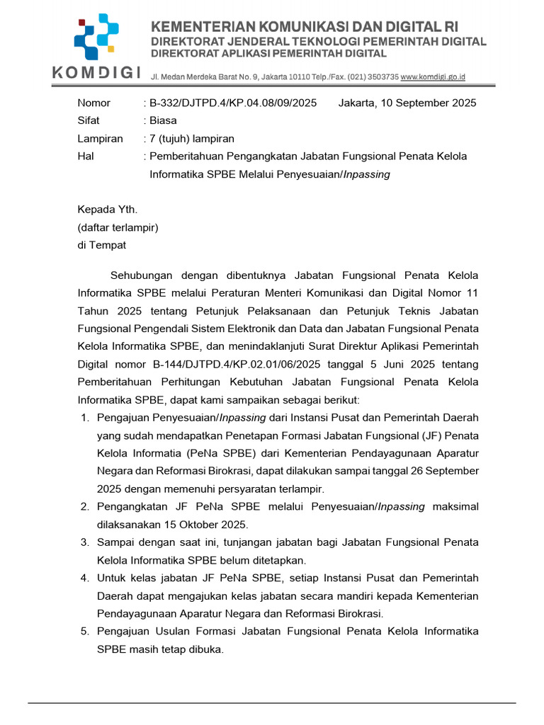 (B-322) Surat Edaran Inpassing Pengangkatan JF SPBE | PDF