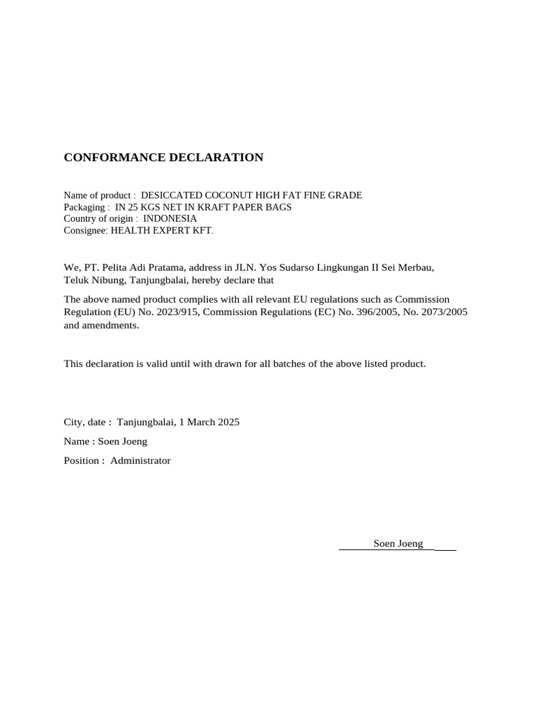 Declaration of Conformance - Sample | PDF