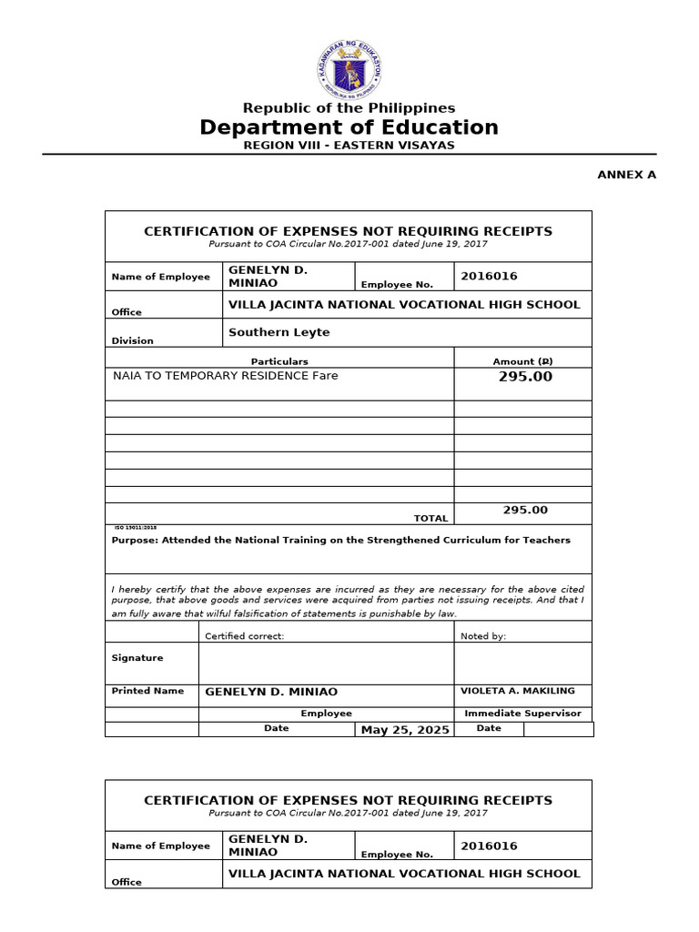 COA C2017 001annex A Certificate of Expenses Not Requiring Receipts | PDF