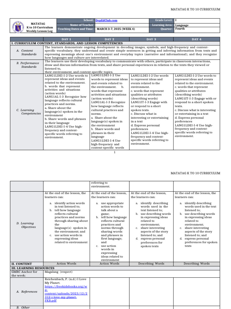 DLL Matatag Language 1 q4 w4 | PDF | Vocabulary | Curriculum