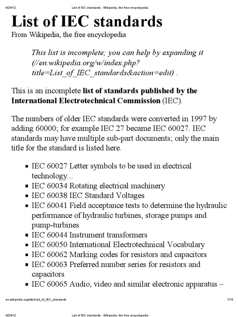 List of IEC Standards - Wikipedia, The Free Encyclopedia | PDF ...
