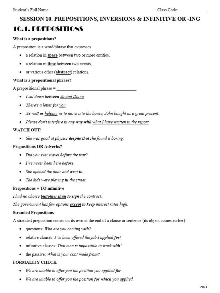 Prepositions, Inversions & Verbs + Infinitive or - Ing. Handout | PDF ...