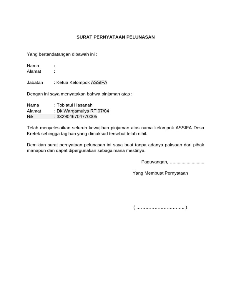 Surat Pernyataan Pelunasan | PDF