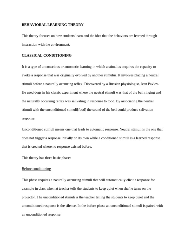 Behavioral Learning Theory | PDF | Classical Conditioning | Reinforcement