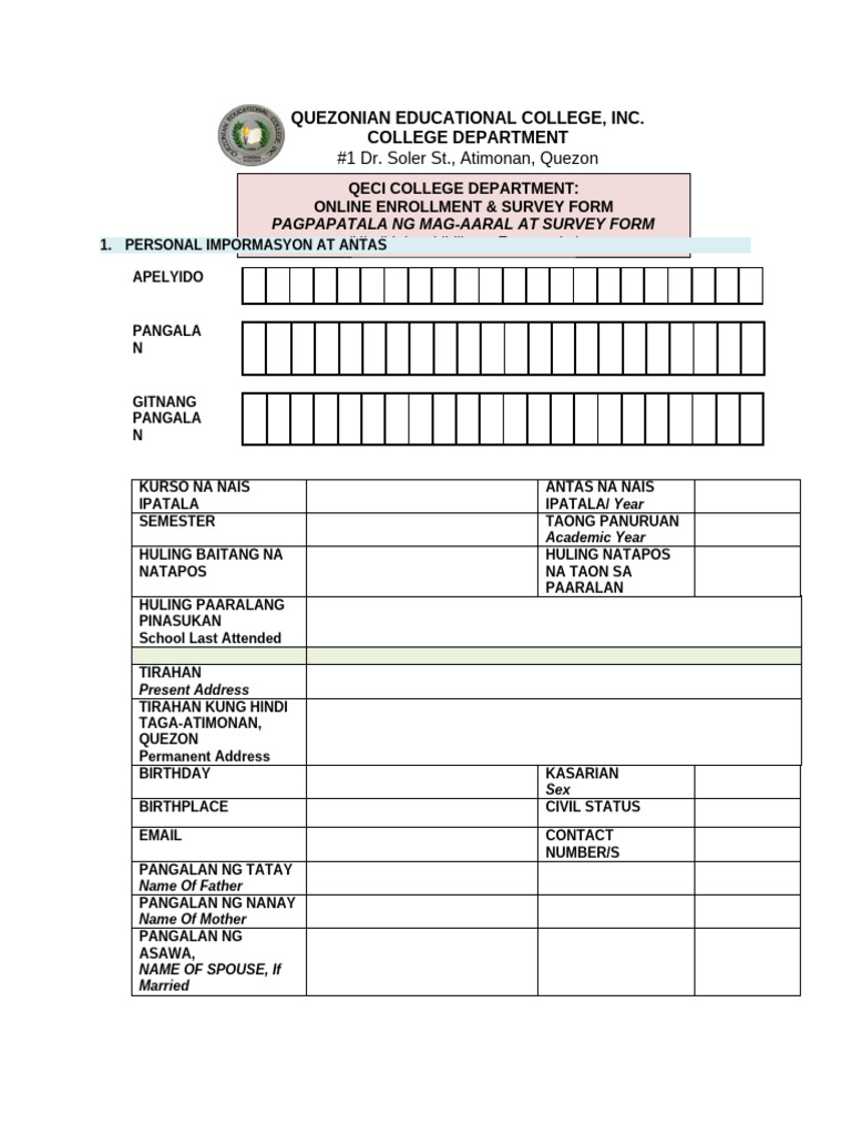 Qeci College Department Enrollment and Survey Form | PDF